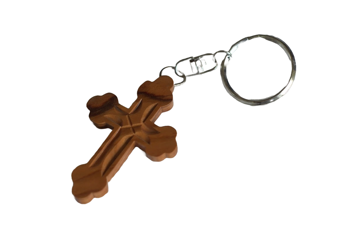 Olive Wood Budded Cross Keychain – Holy Land Designs